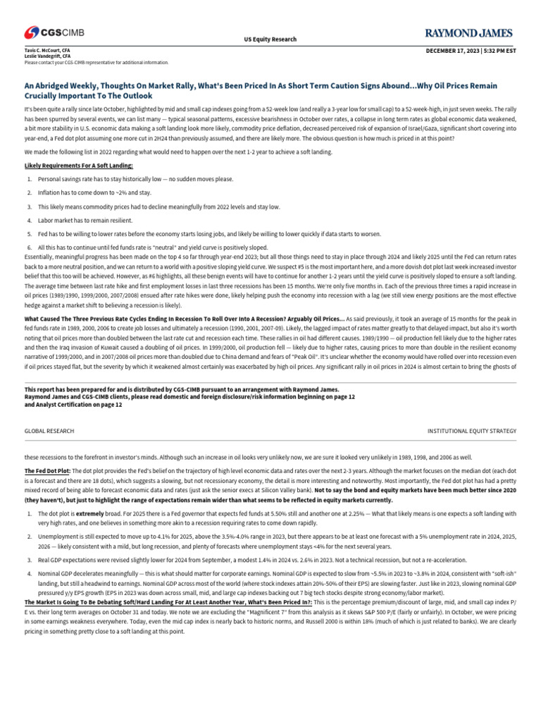 CGS CIMB - Raymond James US Strategy (20231217) | PDF | Price Of Oil | Recession