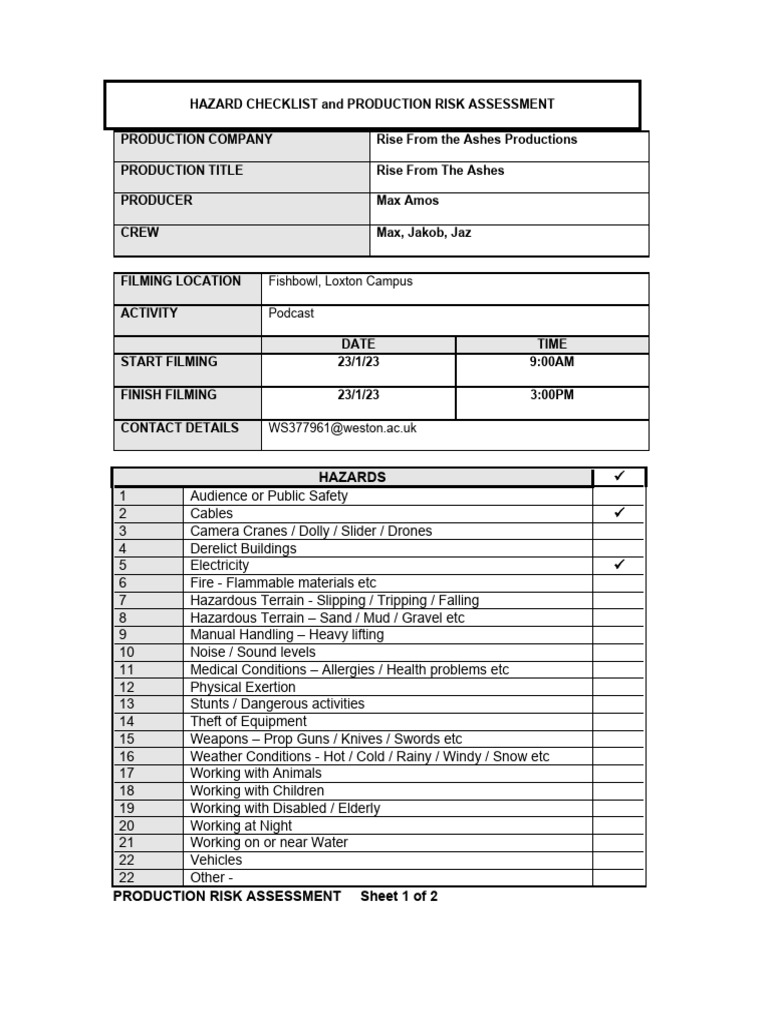 risk assessment sheets 1 | PDF | Risk | Safety