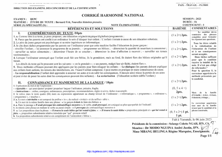 Corrigé Harmonisé Bepc 2023 Etude de Texte Cameroun | PDF Corrigé Harmonisé Bepc 2023 Etude de Texte Cameroun | PDF
