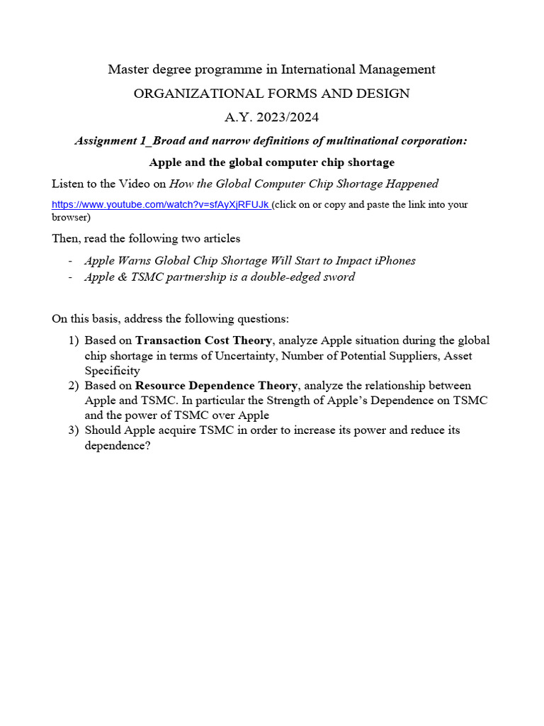 Assignment 1 - Apple and Global Chip Shortage - Text and Instructions | PDF | Apple Inc ...