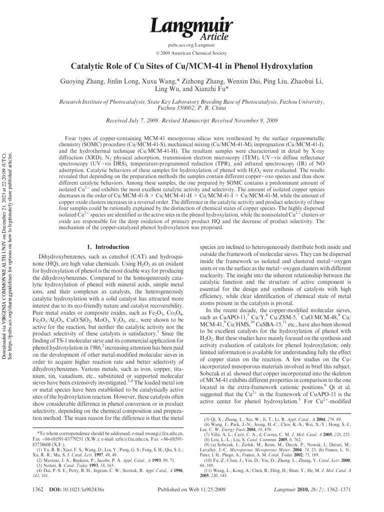 Zhang Et Al 2009 Catalytic Role of Cu Sites of Cu MCM 41 in Phenol ...