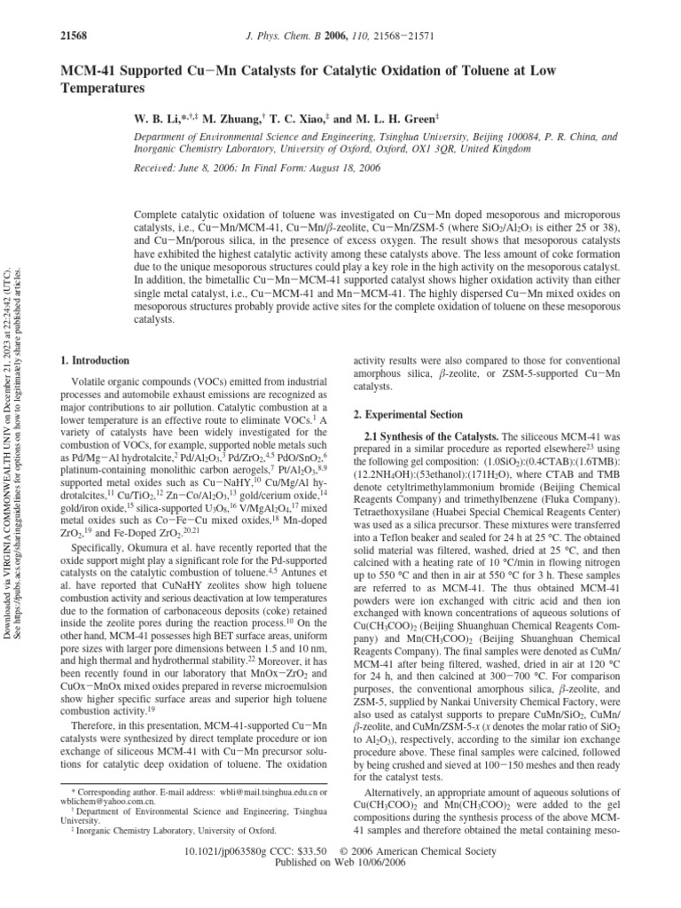 Li Et Al 2006 MCM 41 Supported Cu MN Catalysts For Catalytic Oxidation ...