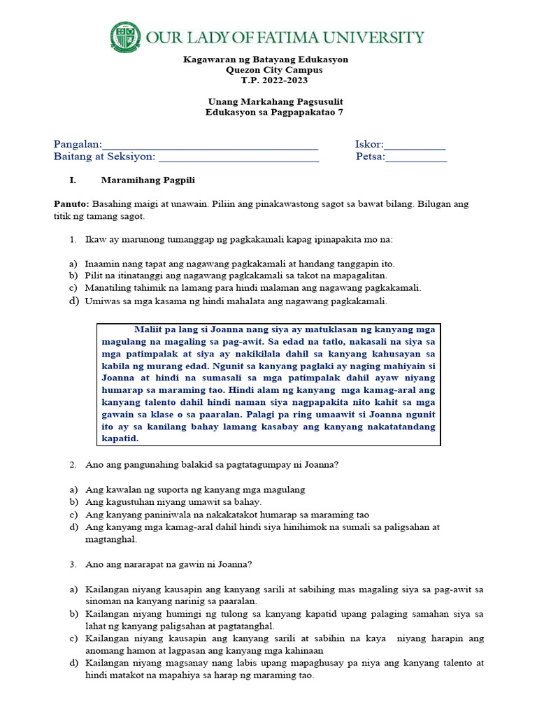 Pangalan: - Iskor: - Baitang at Seksiyon: - Petsa | PDF