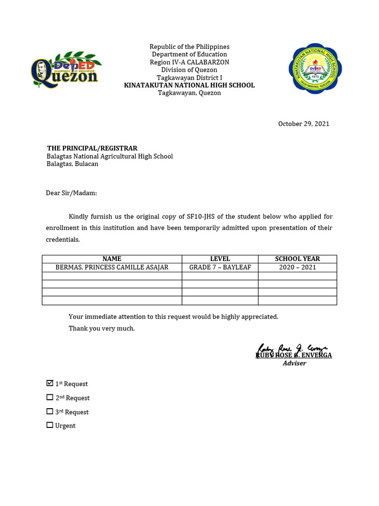 Bermas, Princess Camille Asajar_Request Letter SF10 | PDF Bermas, Princess Camille Asajar_Request Letter SF10 | PDF