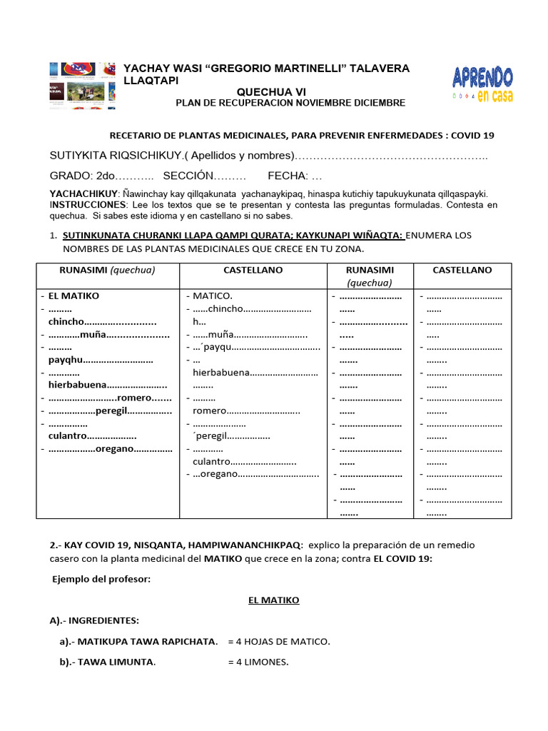 Plan de Recuperacion de La Lengua Originaria (Quechua) | PDF | Adjetivo | ensalada