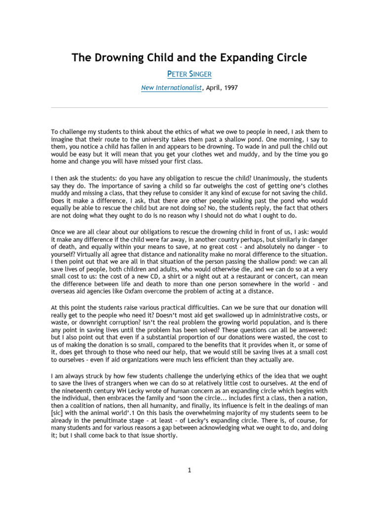 Peter Singer - The Drowning Child and The Expanding Circle | PDF ...