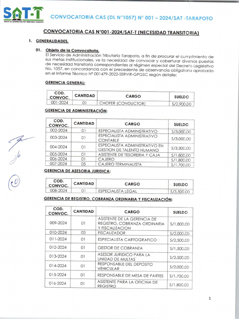 Convocatoria Cas #001-2024-Sat-T - Necesidad Transitoria | PDF Convocatoria Cas #001-2024-Sat-T - Necesidad Transitoria | PDF