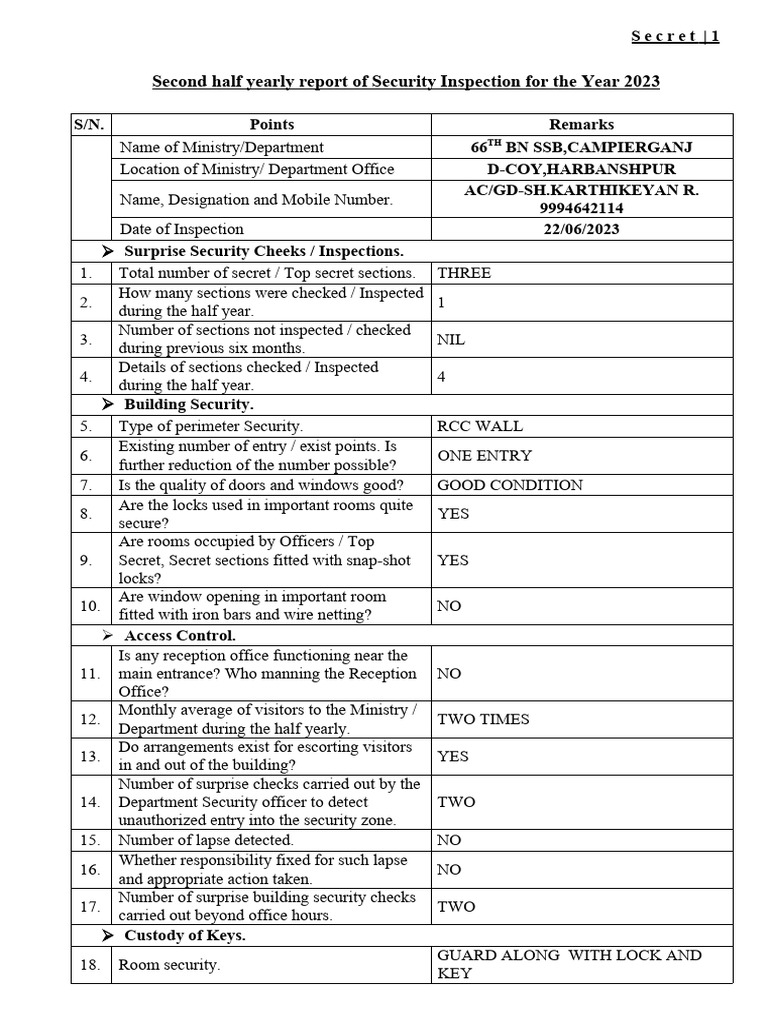 Security Inspection Performa New-1 | PDF | Classified Information | Shorthand
