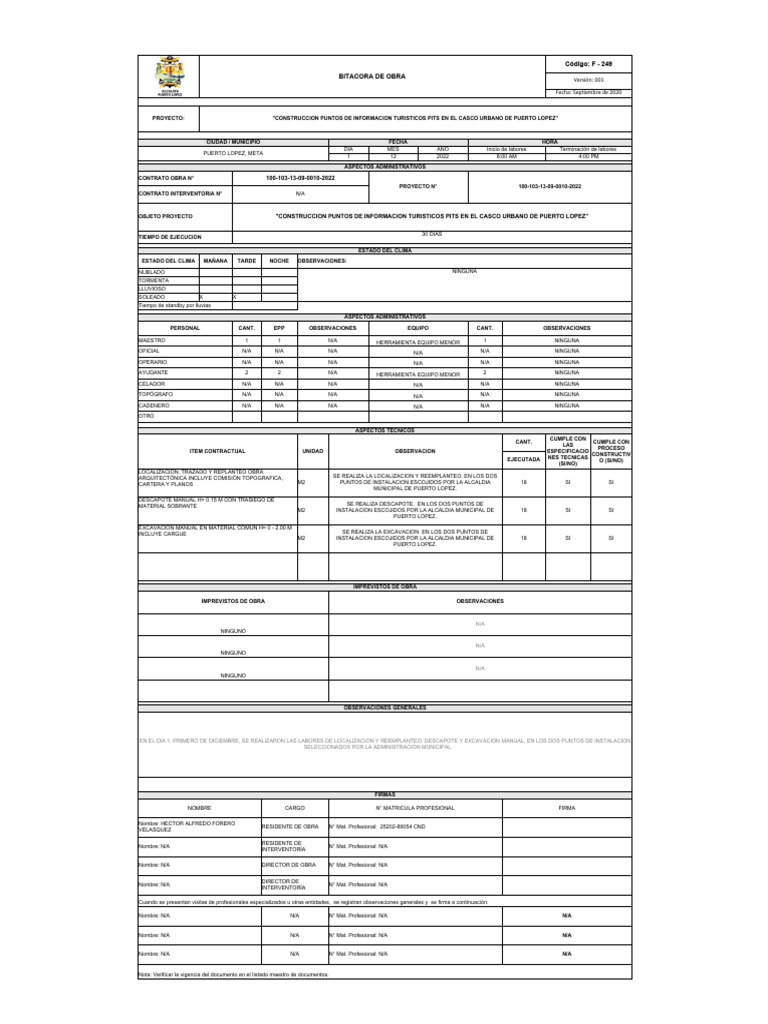 BITACORA OBRA PITS | PDF
