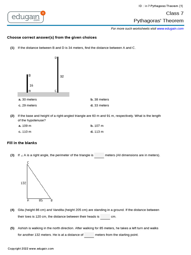 Pythagoras Theorem Worksheet for Class 7 | PDF | Length | Triangle