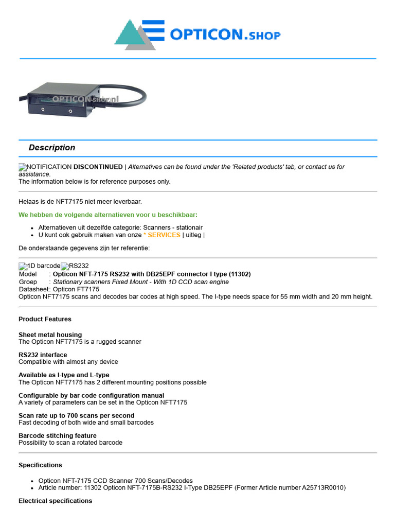 Opticon NFT-7175 Scanner Overview | PDF | Barcode | Image Scanner