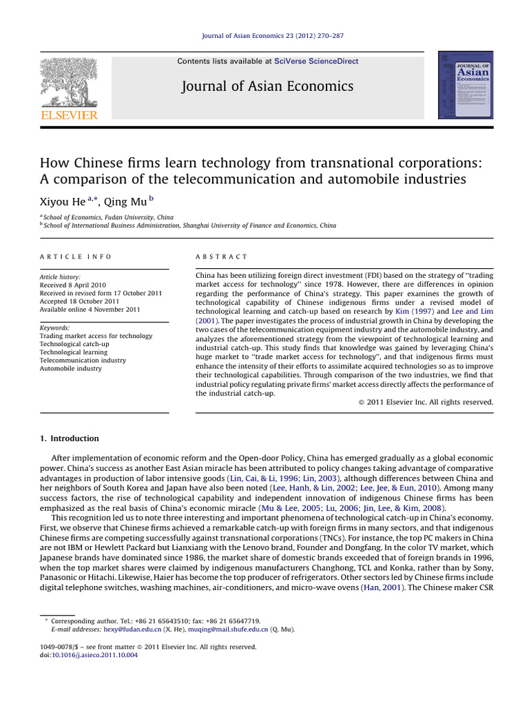 Technological Catch-Up in China’s Industries | PDF | Joint Venture | China