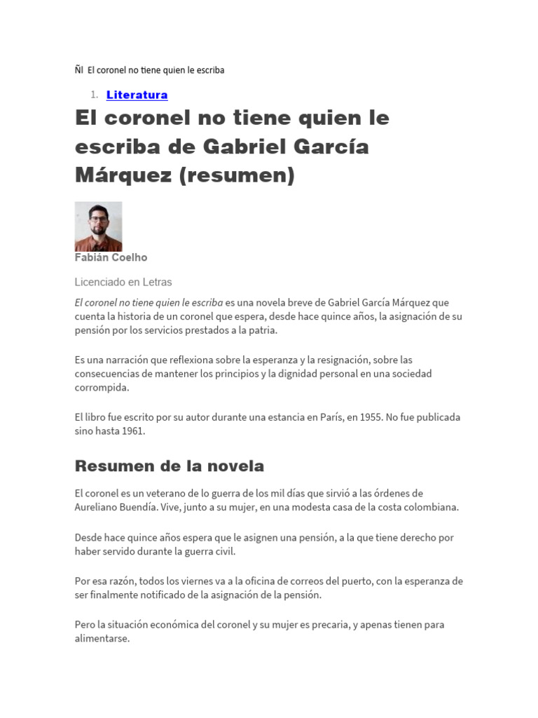 Resumen de "El coronel no tiene quien le escriba" | PDF | Gabriel ...