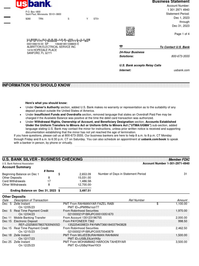 U.S. Bank Business Checking Statement | PDF | Credit Card | Transaction ...