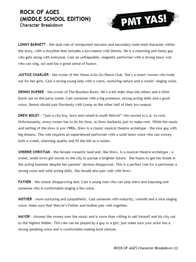 Rock of Ages Character Breakdown | PDF | Entertainment | Performing Arts