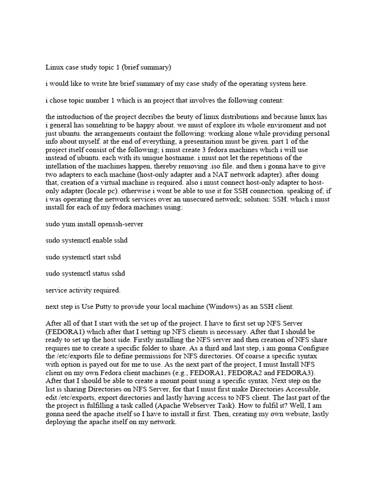 Linux Case Study: Fedora NFS & SSH Setup | PDF | Directory (Computing) | Networking