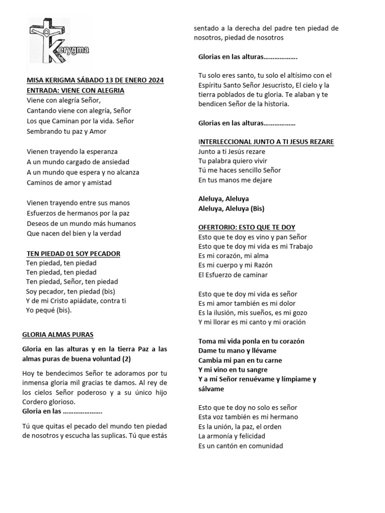 Misa Kerigma: Canciones y Oraciones | PDF | Misa (liturgia) | Amor