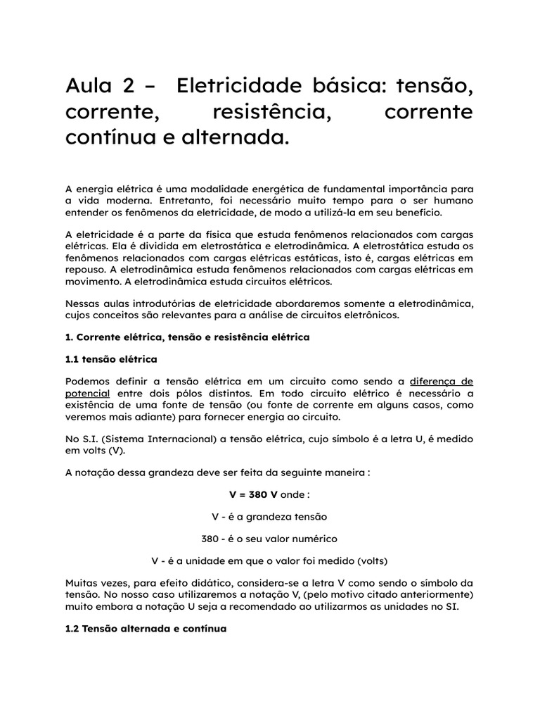 Aula 2 - Eletricidade Básica Tensão e Etc | PDF | Corrente elétrica | Eletricidade