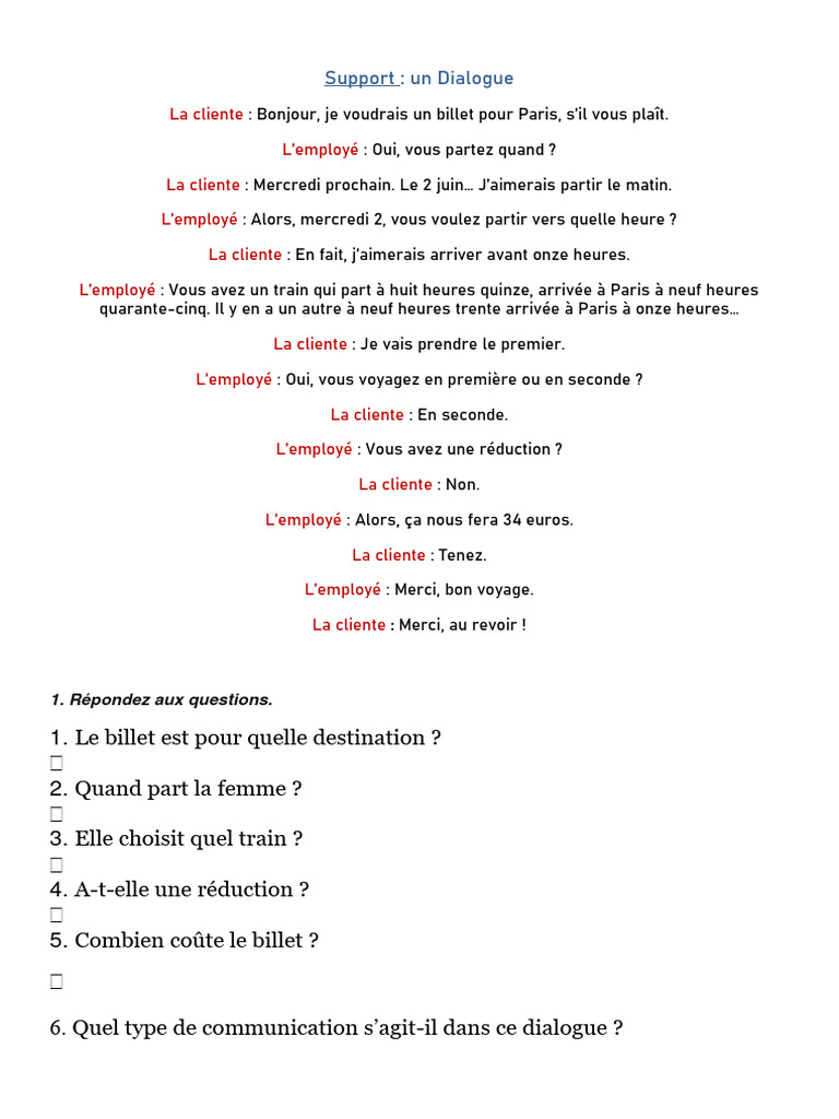 Dialogue à la gare pour un billet | PDF