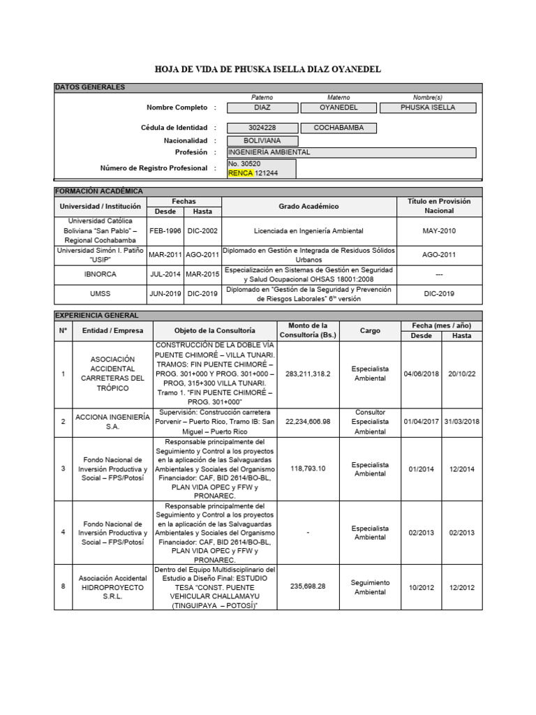 Hoja de Vida de Phuska Isella Diaz Oyanedel | PDF