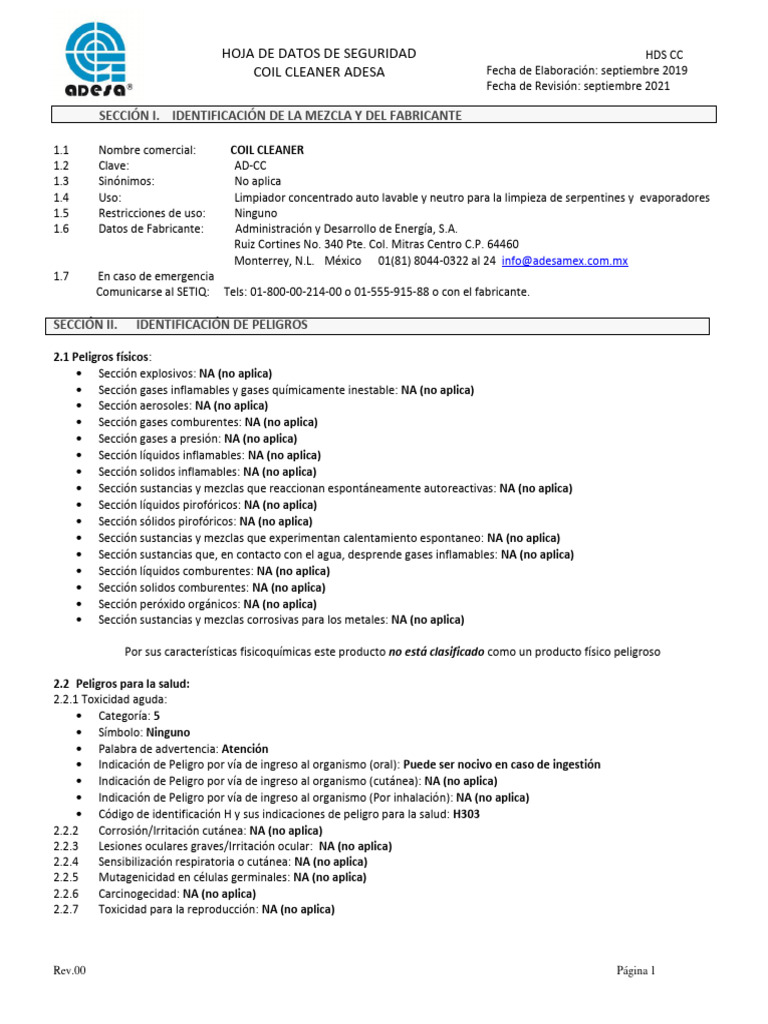 Ficha Tecnica - Coil Clenaer, Adessa | PDF | Química | Ciencias fisicas
