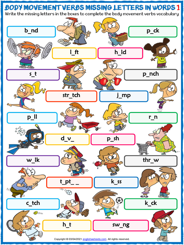 8-MOV-body Movement Verbs Vocabulary Esl Missing Letters in Words ...