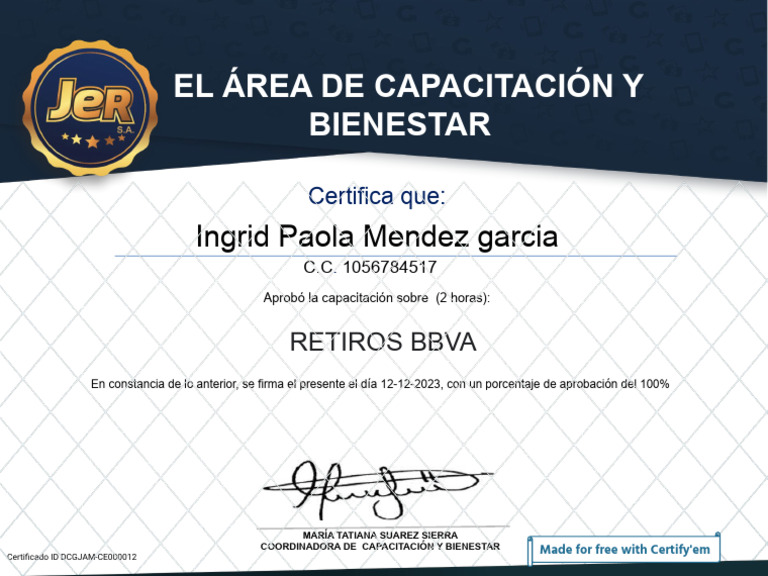 Certificate For Ingrid Paola Mendez Garcia For - FORMULARIO DE ...