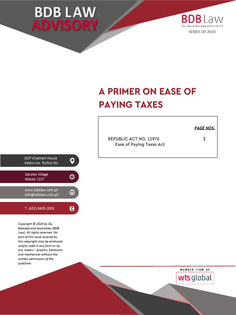 A Primer On Ease of Paying Taxes RA 11796 (By BDB Law) | PDF
