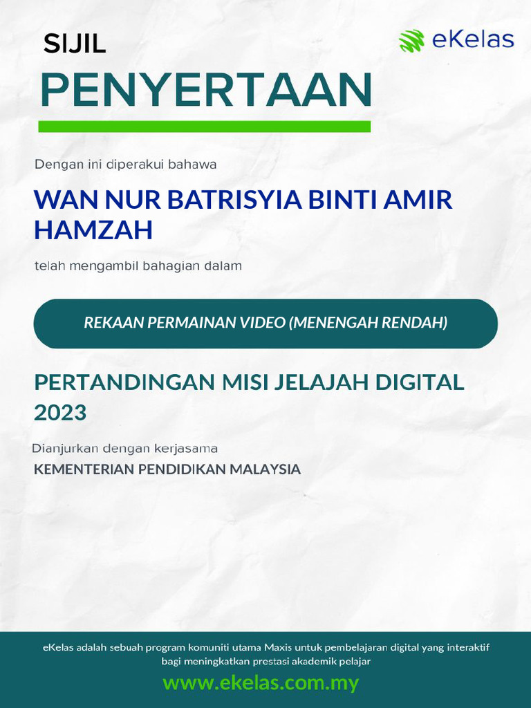MJD 2023 Participation Ecert WAN NUR BATRISYIA BINTI AMIR HAMZAH | PDF