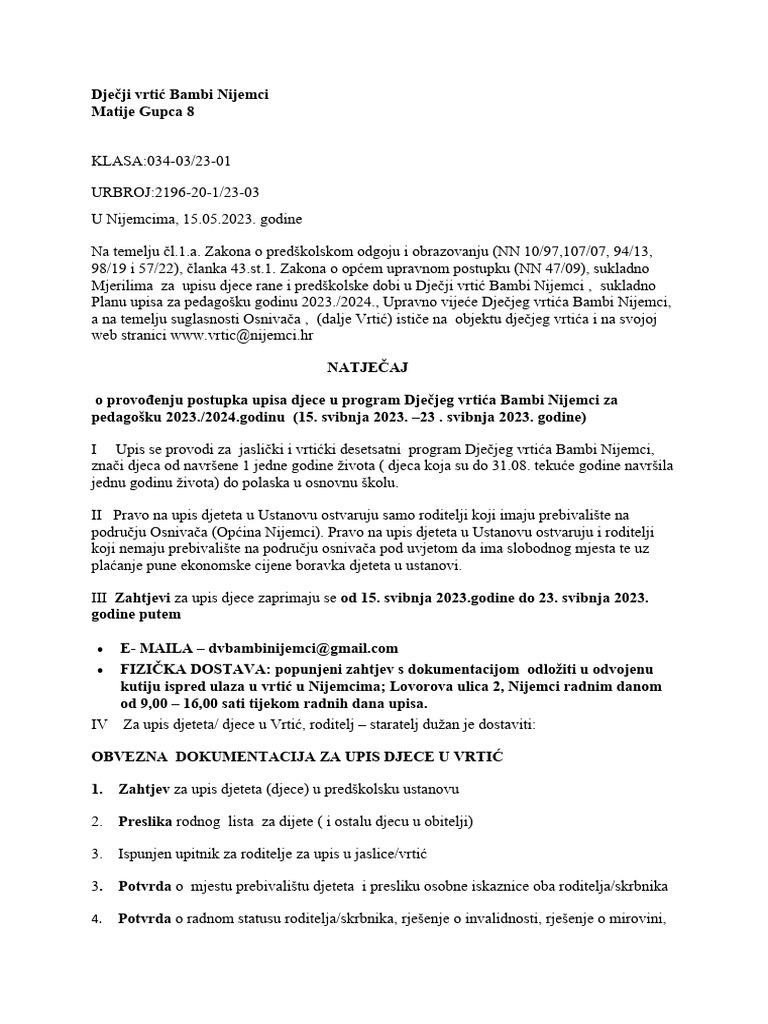 Natjecaj Za Upis Djece 2023 2024.g.nijemci | PDF