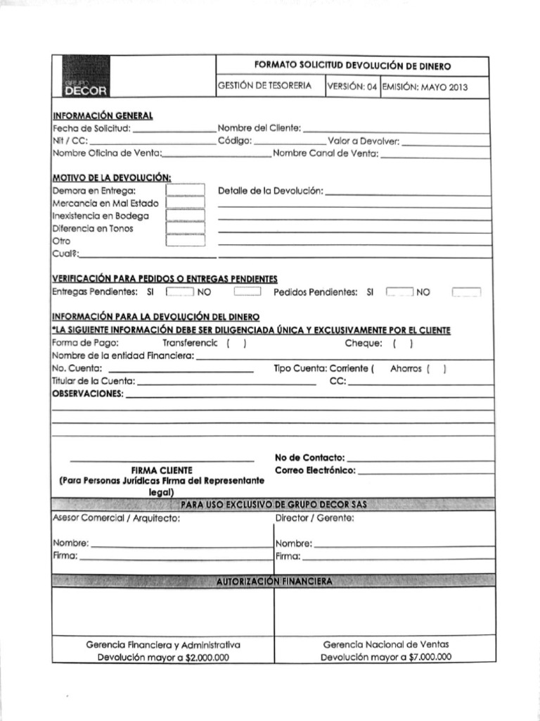 Formato Devolución Dinero | PDF