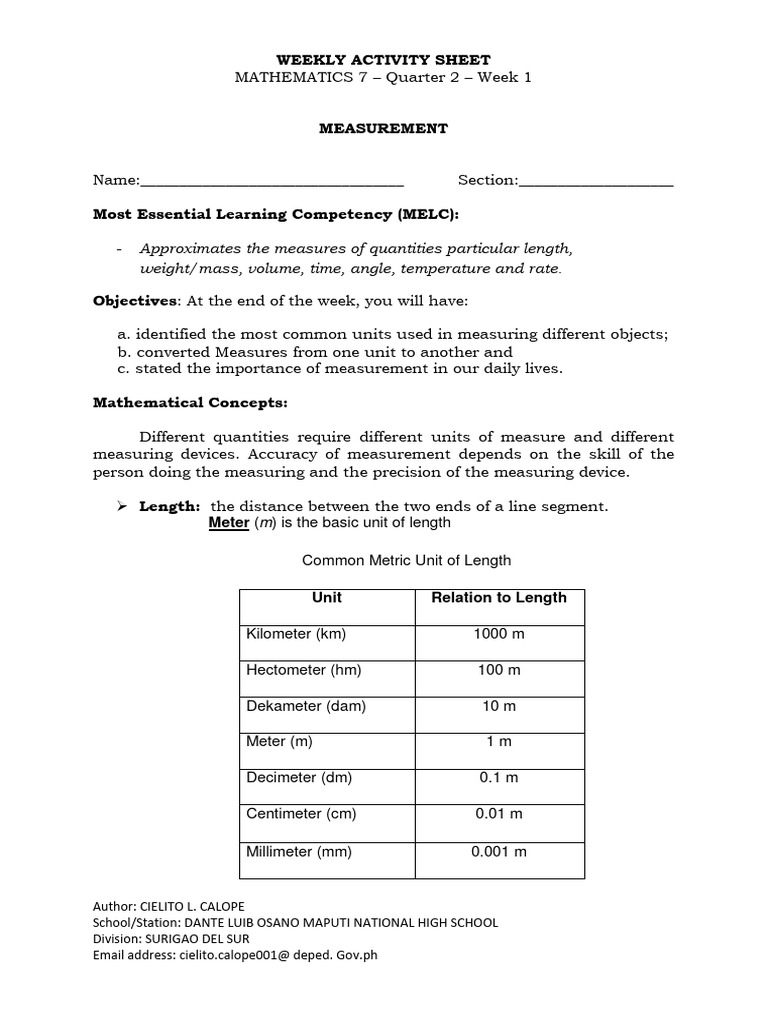 MATH 7 Q2 Wk1 | Download Free PDF | Measurement | Weight