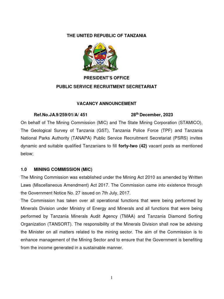 Tangazo La Nafasi Za Kazi TMC Stamico GST Tanapa TPF | PDF