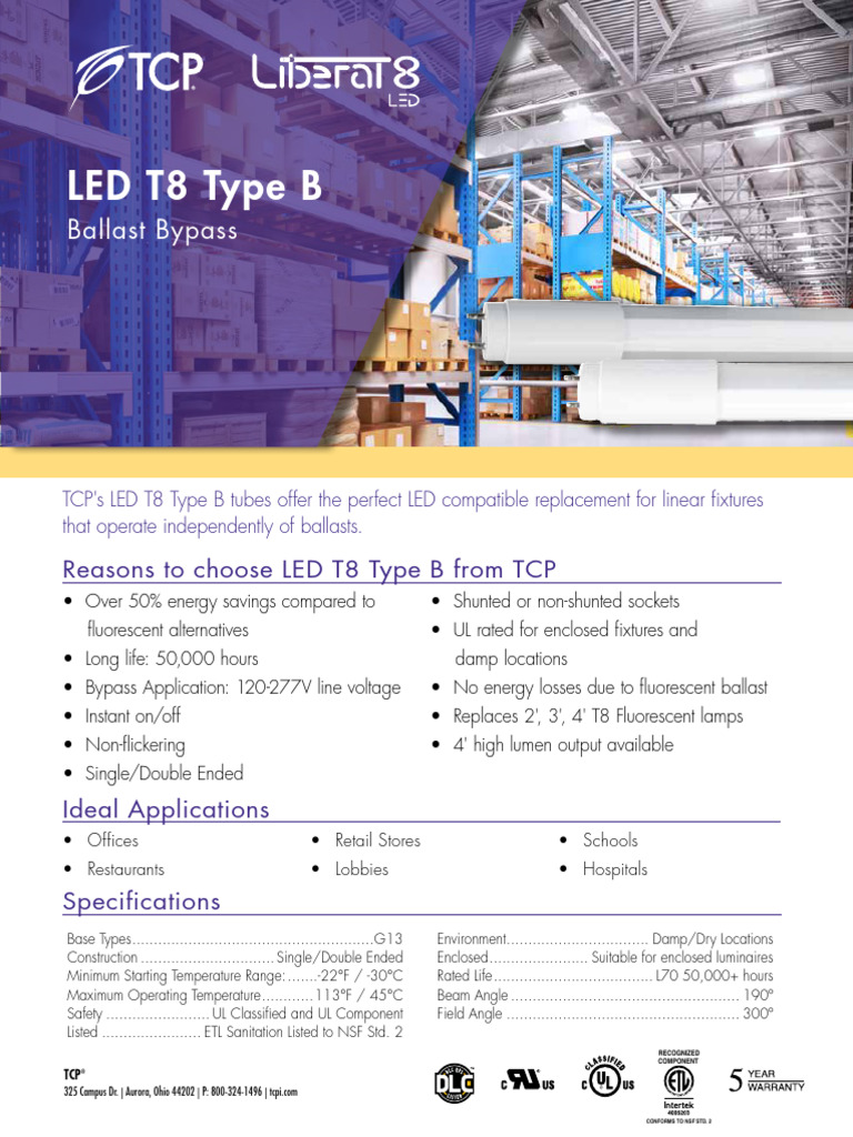 LED T8 Type B Spec Sheet | PDF | Fluorescent Lamp | Electrical Equipment