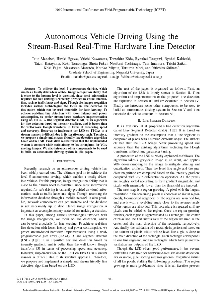 Autonomous Vehicle Driving Using The Stream Based Realtime Hardware Line Detector | PDF | Field ...