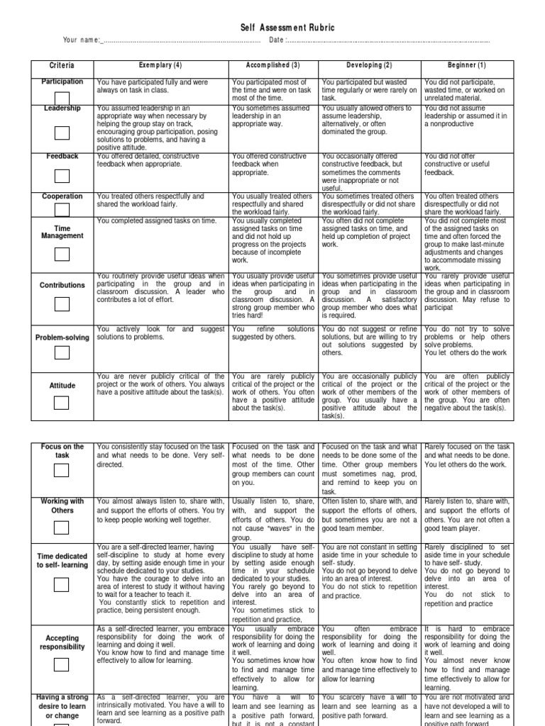 Self-Evaluation Rubric | PDF | Learning | Leadership