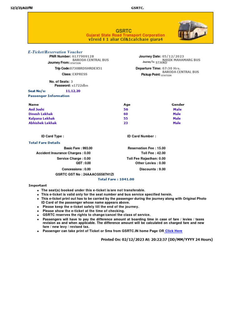 E-Ticket/Reservation Voucher: GSRTC | Download Free PDF | Fare | Transport