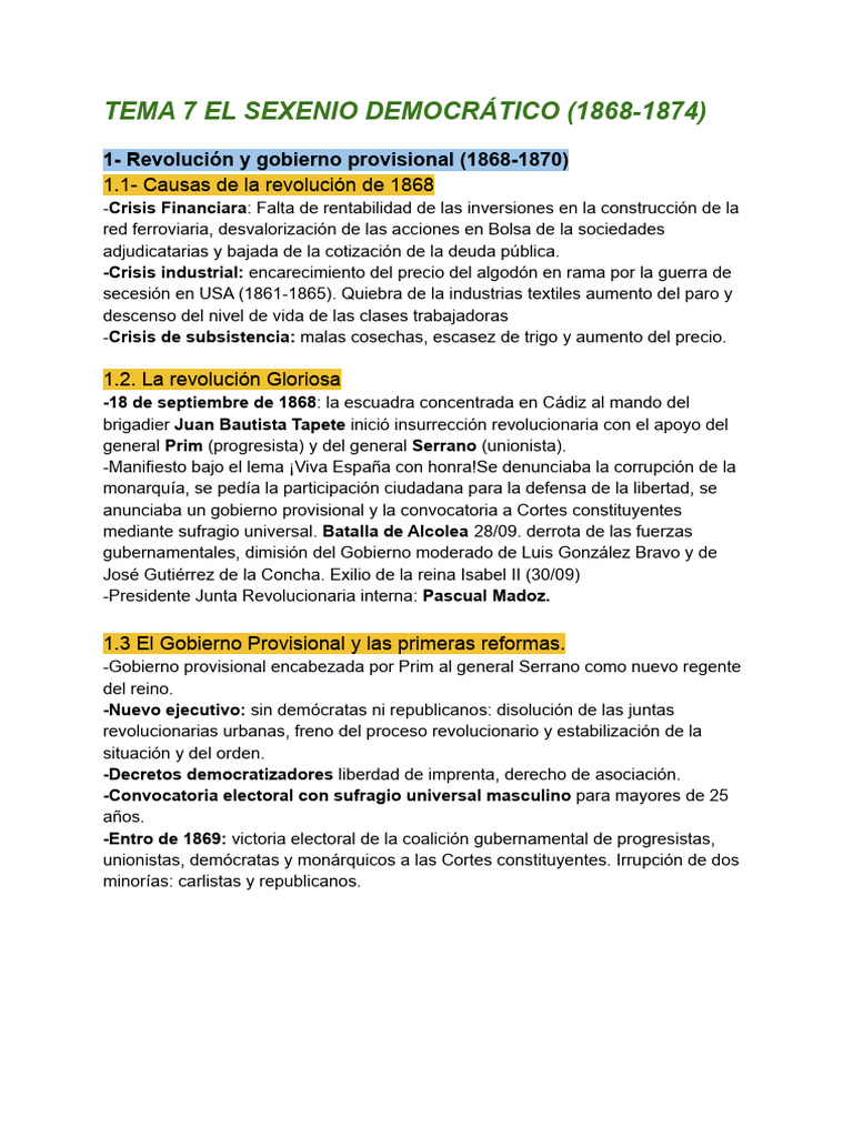 Tema 7 El Sexenio Democrático (1868-1874) | PDF | España | Gobierno