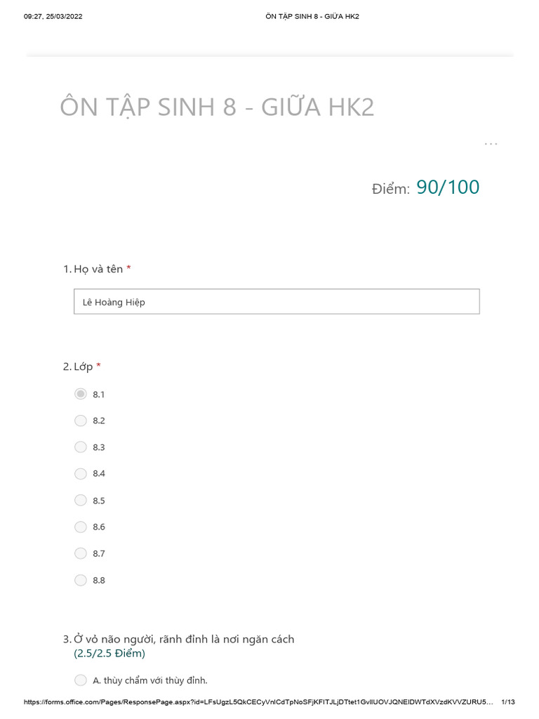 ÔN TẬP SINH 8 - GIỮA HK2 | PDF