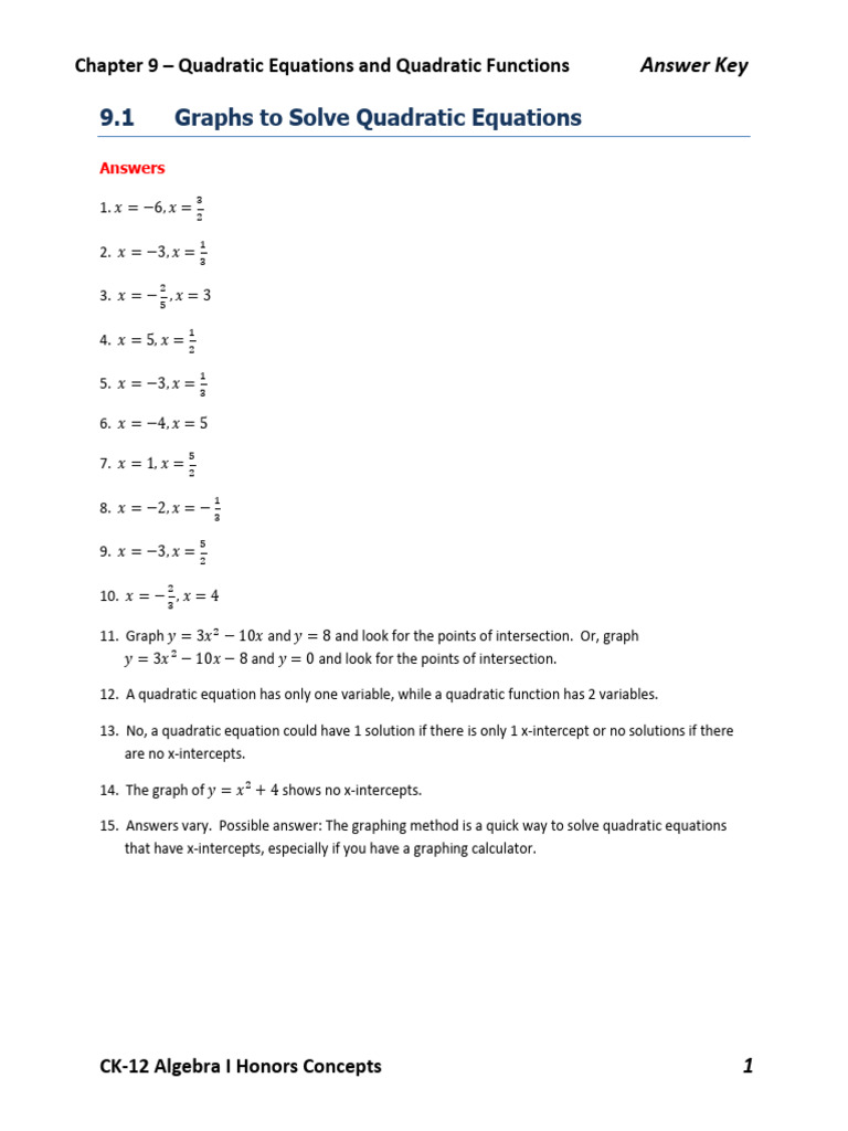 Answer Key - CK-12 Chapter 09 Algebra 1 Honors Concepts (Revised) | PDF | Quadratic Equation ...