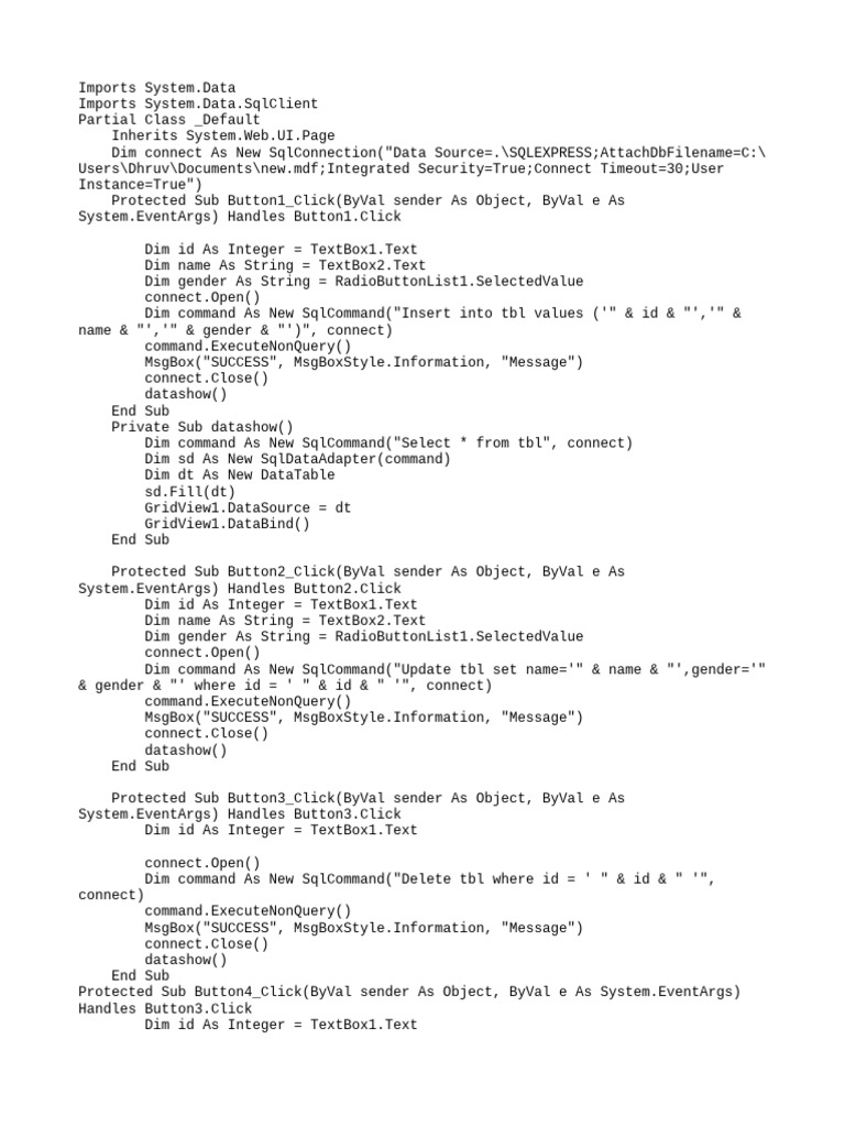 ASP.NET SQL CRUD Operations Code | PDF