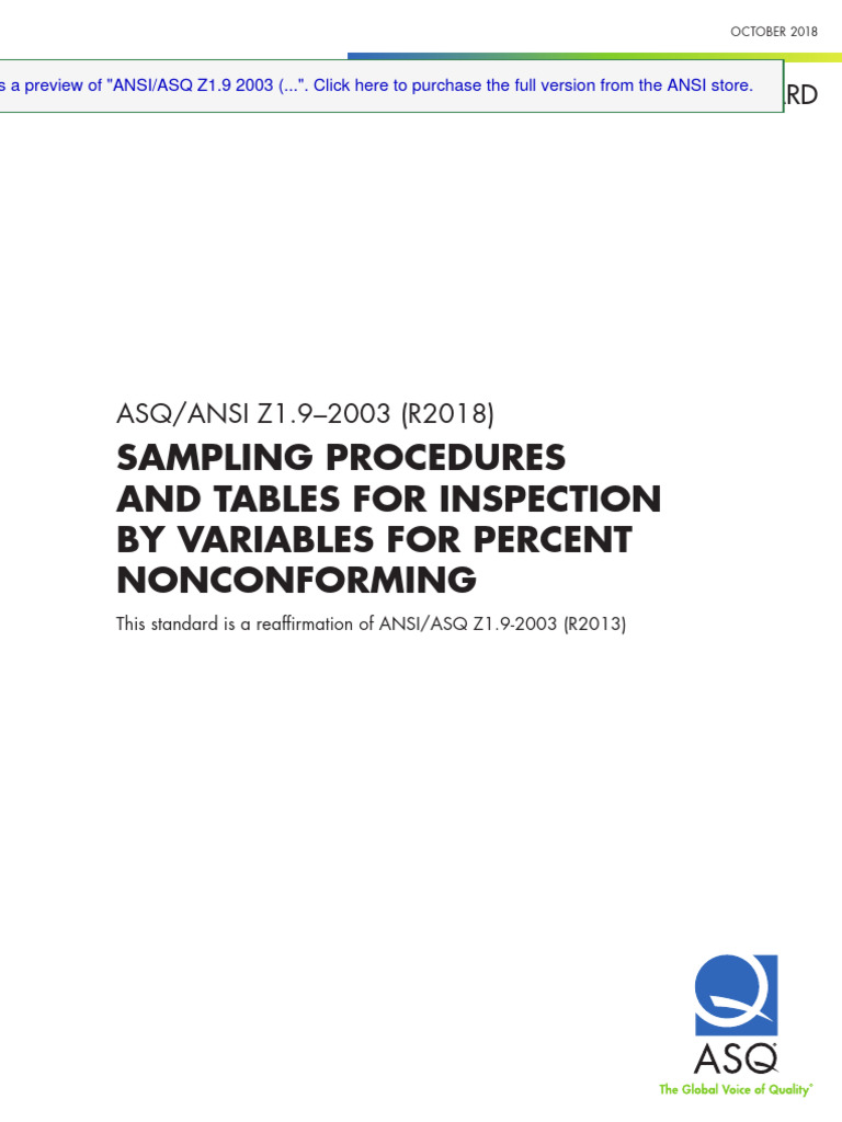 ANSI+ASQ+Z1.9+2003+ (R2018) Abstract | PDF | Normal Distribution | Sampling (Statistics)