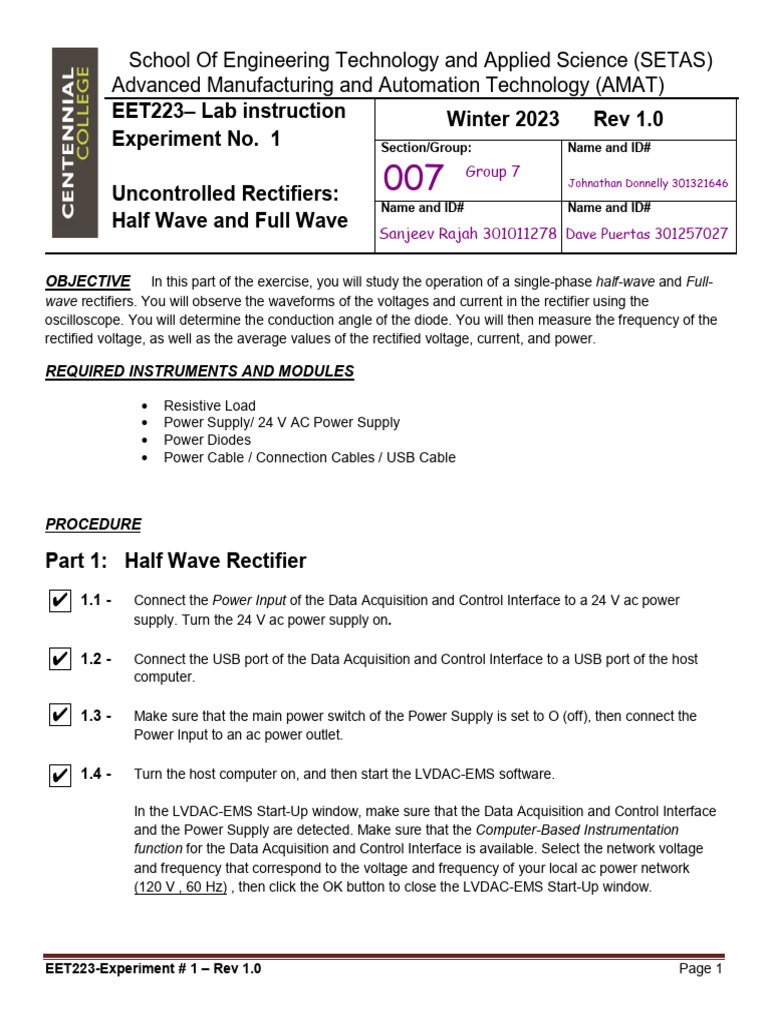 EET223-W22-EXP 1 - Uncontrolled Rectifiers | PDF | Rectifier | Root Mean Square