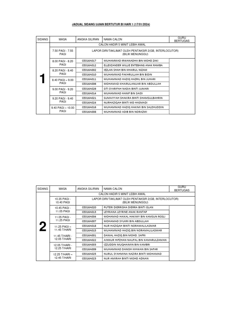 Jadual Sidang Ujian Bertutur BI 2024 | PDF