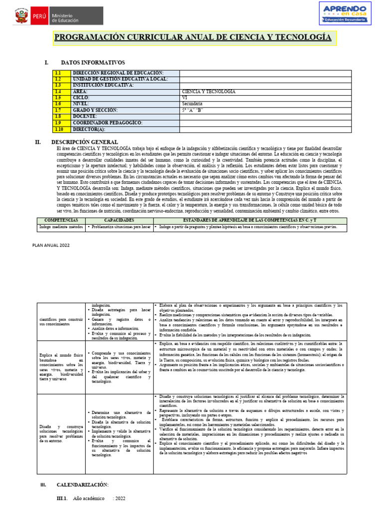 PROGRAMACION ANUAL CyT 5TO | PDF