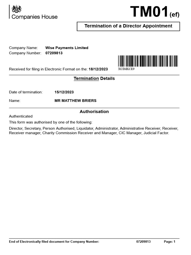 TM01 Termination of A Director Appointment | PDF