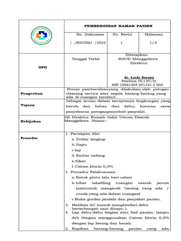 Spo Pembersihan Kamar Pasien | PDF