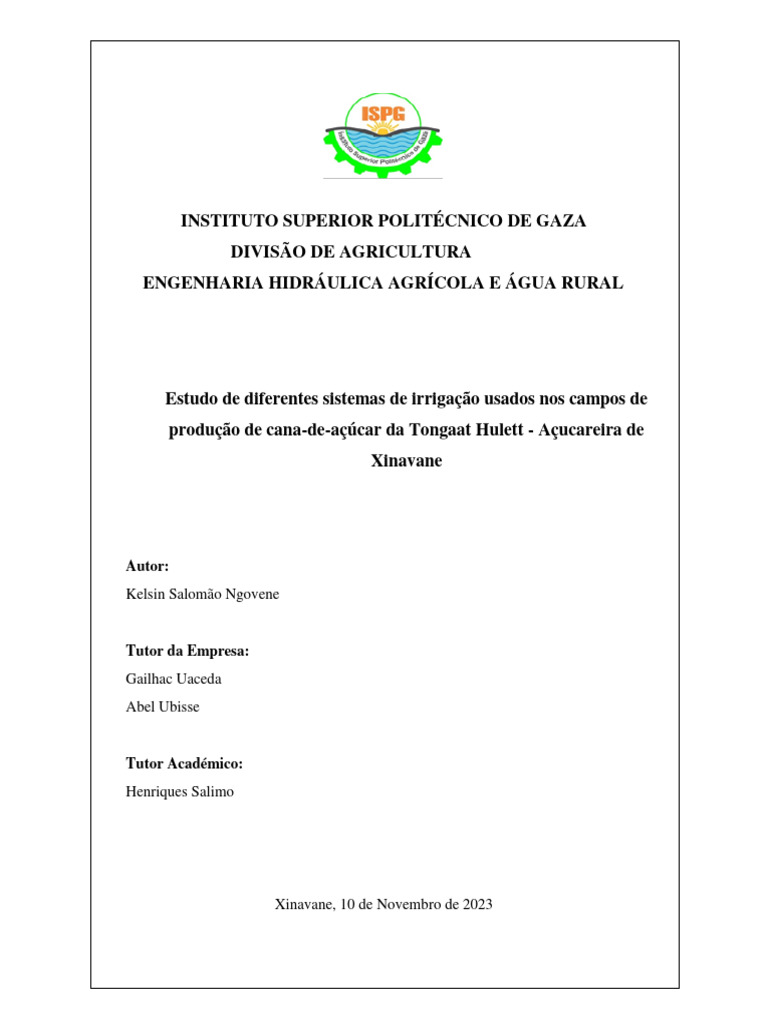 Sistemas de Irrigação na Açucareira Xinavane | PDF | Irrigação | Cana ...