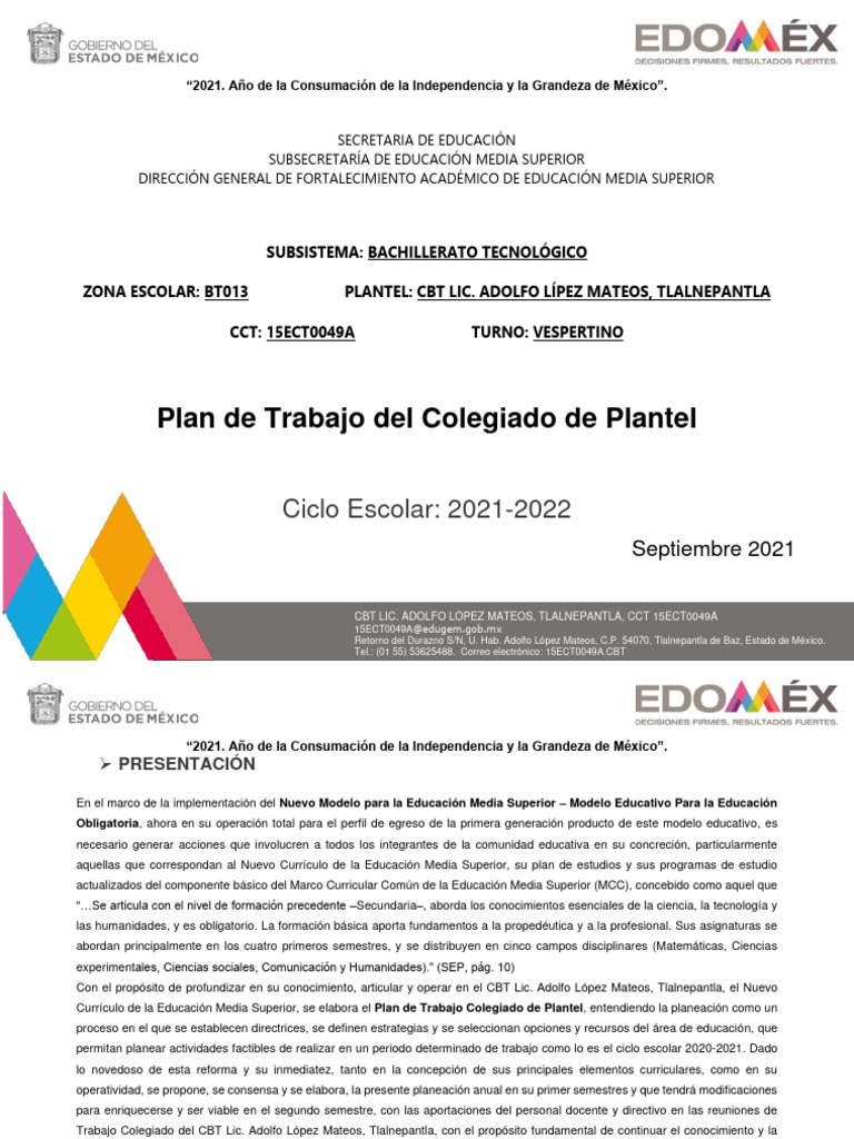CBT TLALNEPANTLA - Plan de Trabajo Del Colegiado de Plantel 21-22 - SEM 1 | PDF | Plan de ...
