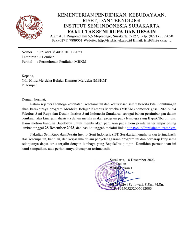 Surat Permohonan Penilaian Mitra MBKM FSRD | PDF